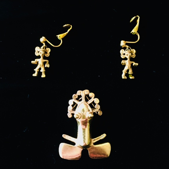 Jewelry | Mexican Idol Broochpendant And Clip Earrings Goldwashed Brass ...